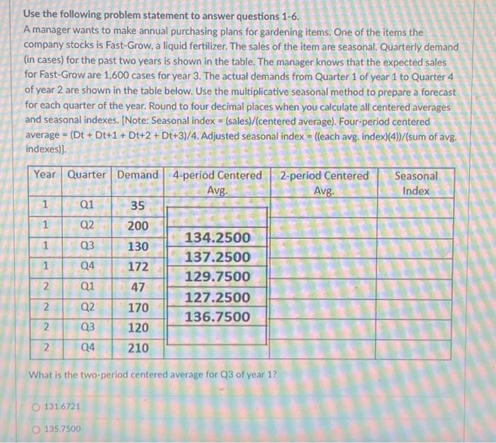 What is the two-period centered average for Q1 of | Chegg.com