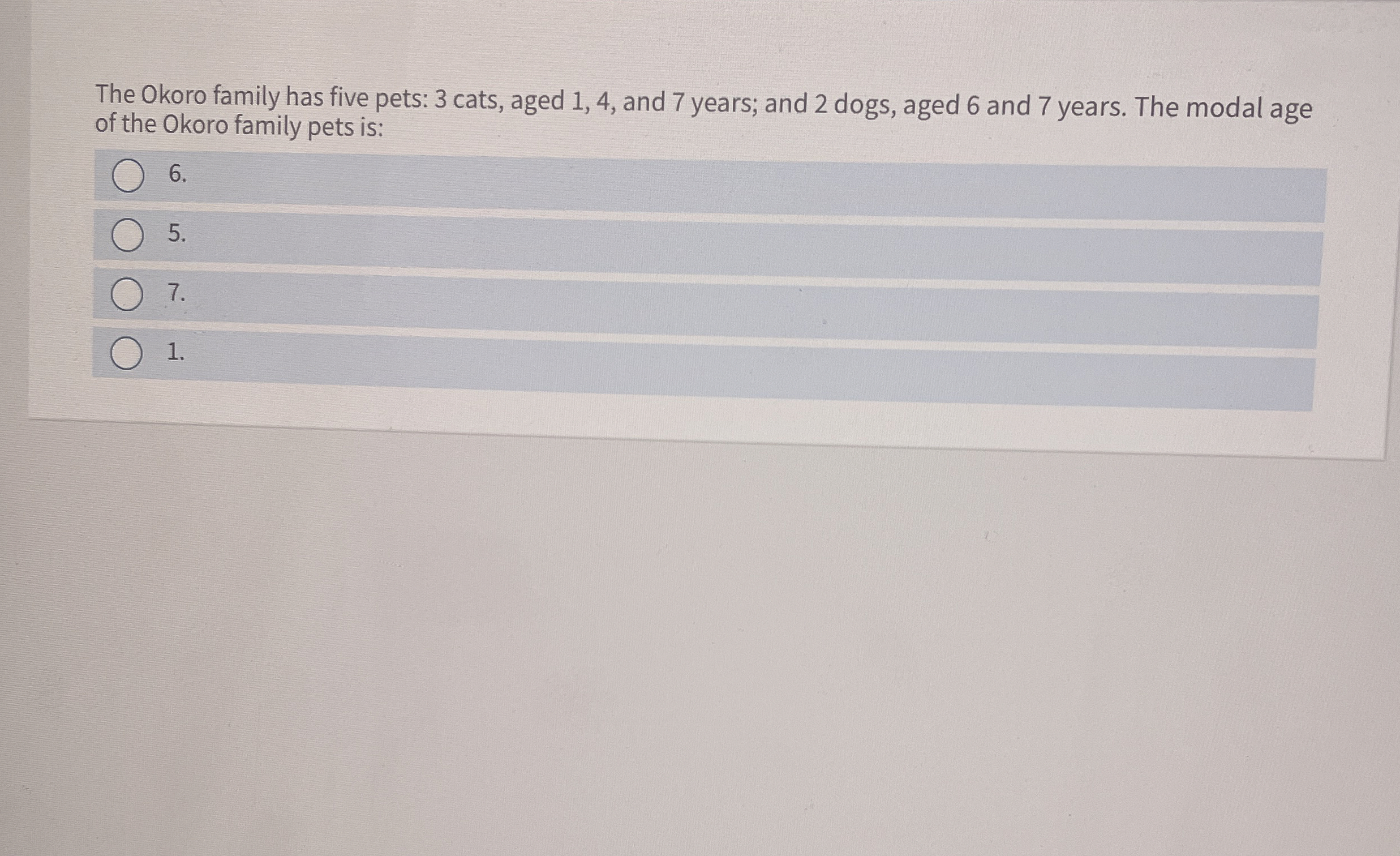 Solved The Okoro family has five pets: 3 ﻿cats, aged 1,4 , | Chegg.com