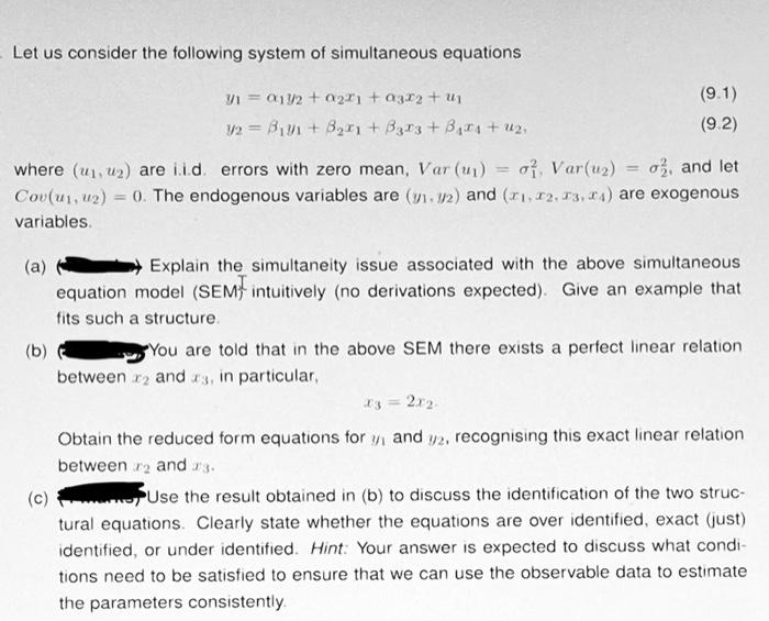 Let us consider the following system of simultaneous | Chegg.com