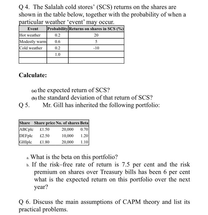 Solved Q4. The Salalah cold stores' (SCS) returns on the | Chegg.com