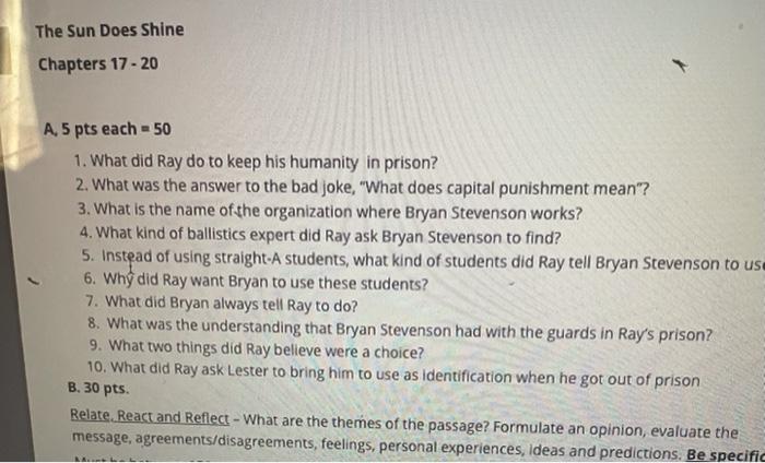 The Sun Does Shine Chapters 17 - 20 A. 5 pts each - | Chegg.com