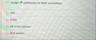 Solved assign IP addresses to their customers.ISPsDNSsAll of | Chegg.com