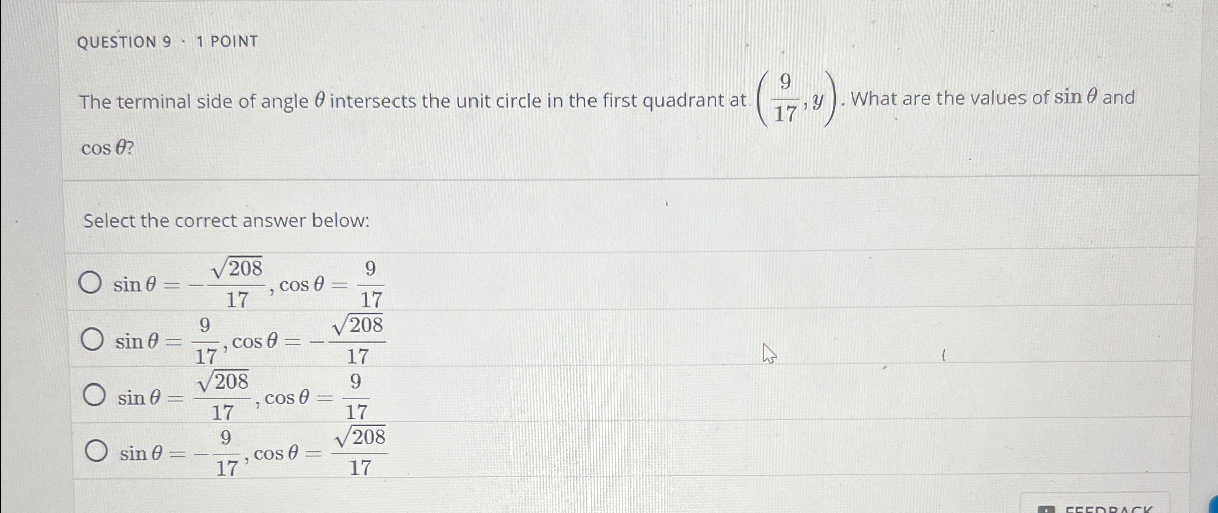 Solved QUESTION 9 - 1 ﻿POINTThe terminal side of angle θ | Chegg.com