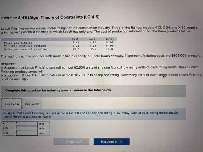 Solved Exercise 4-49 (Algo) Theory of Constraints (LO 4-5) | Chegg.com
