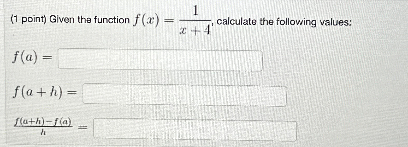Solved (1 ﻿point) ﻿Given the function f(x)=1x+4, ﻿calculate | Chegg.com