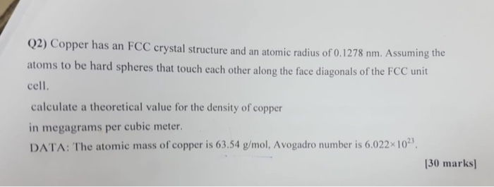 Solved Q2) Copper has an FCC crystal structure and an atomic | Chegg.com