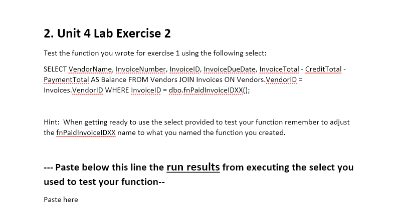 Unit 4 lab Exercise 2test The Function You Wrote For