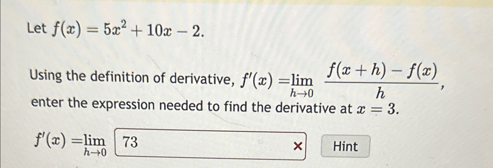 Solved Let f(x)=5x2+10x-2.Using the definition of | Chegg.com