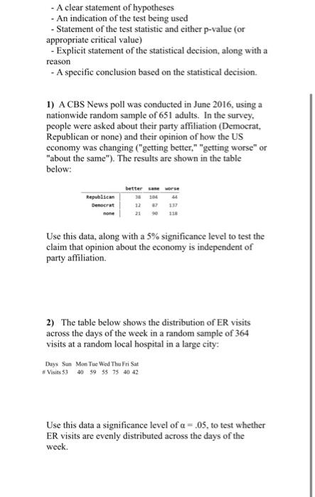 Solved - A clear statement of hypotheses - An indication of | Chegg.com