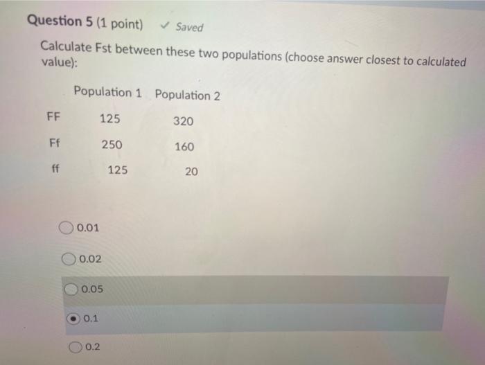 Solved Question 5 (1 point) Saved Calculate Fst between | Chegg.com