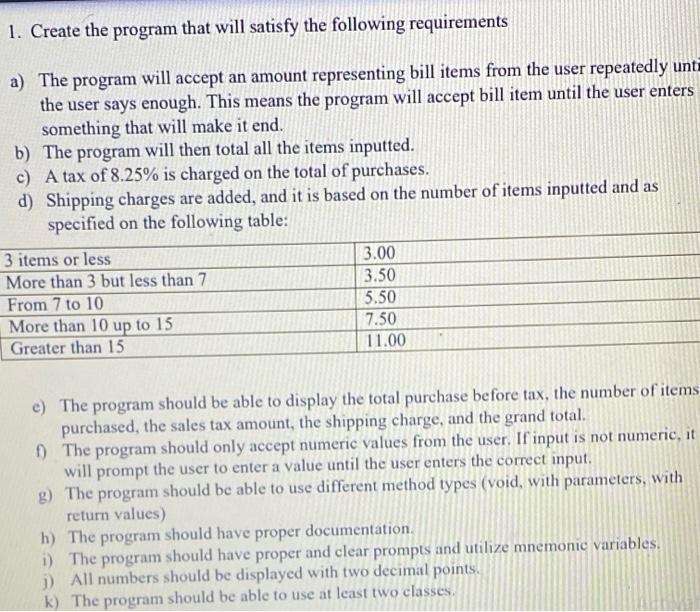Solved 1. Create the program that will satisfy the following | Chegg.com