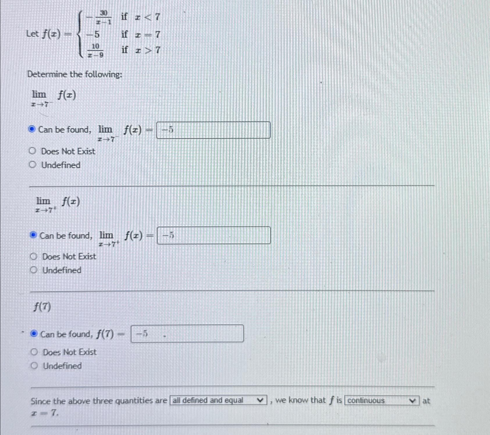 Solved Let f(x)={-30x-1 if x 7Determine | Chegg.com
