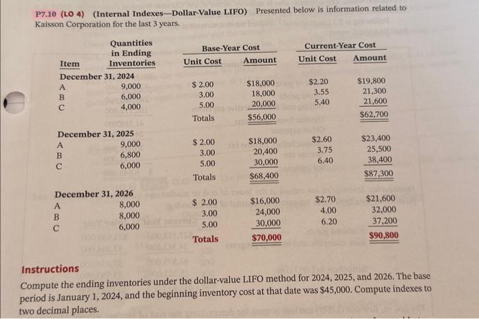 Solved P7.10 (LO 4) (Internal Indexes-Dollar-Value LIFO) | Chegg.com