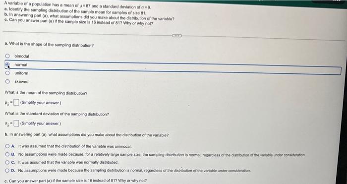 Solved A Variable Of A Population Has A Mean Of μ 87 And A