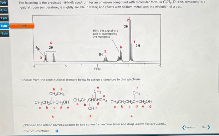 Solved The following is the predicted 1H−NMR spectrum for an | Chegg.com