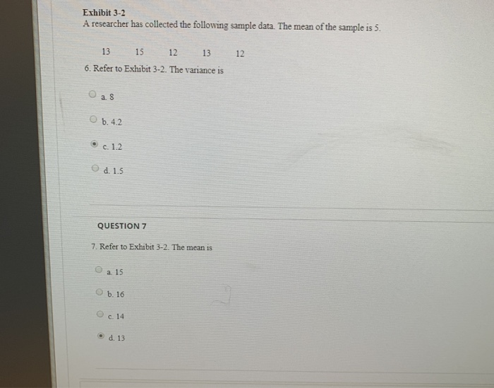 Solved Exhibit 3-2 A researcher has collected the following | Chegg.com