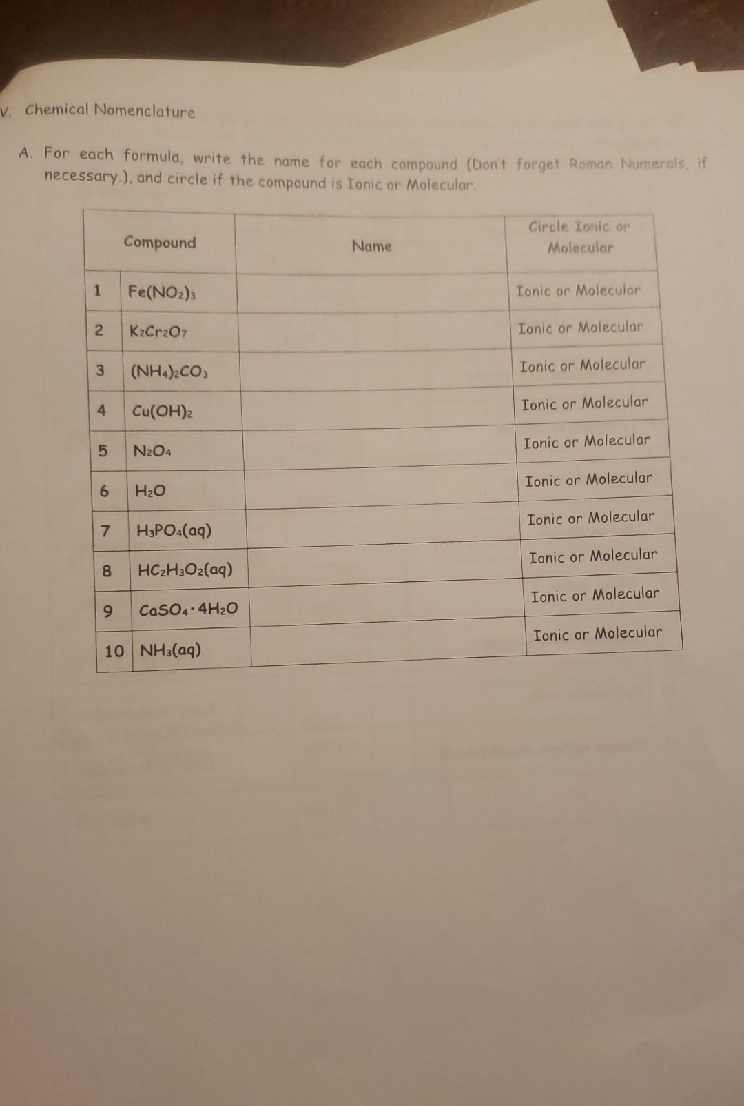 Solved A. For each formula, write the name for each compound | Chegg.com