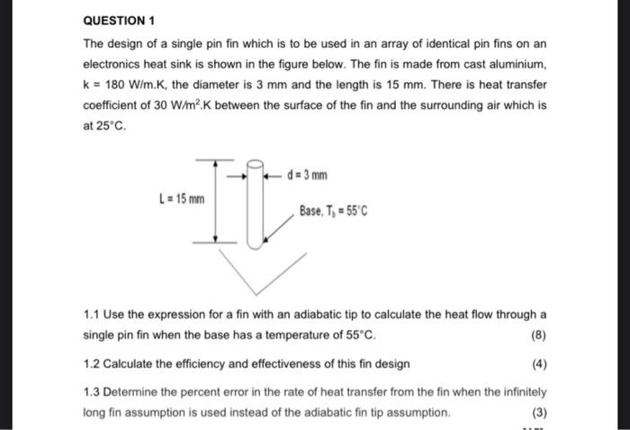 Solved QUESTION 1 The design of a single pin fin which is to | Chegg.com