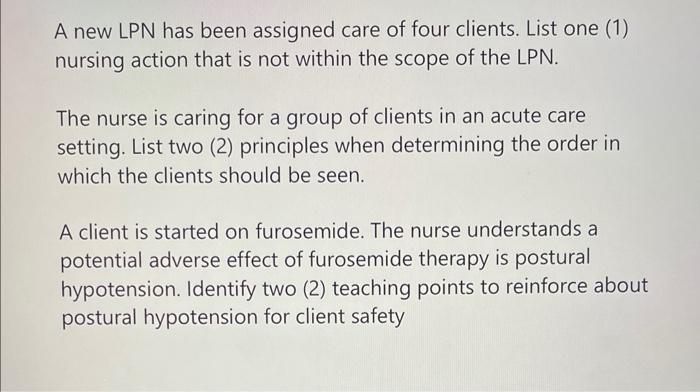 Solved A new LPN has been assigned care of four clients. | Chegg.com