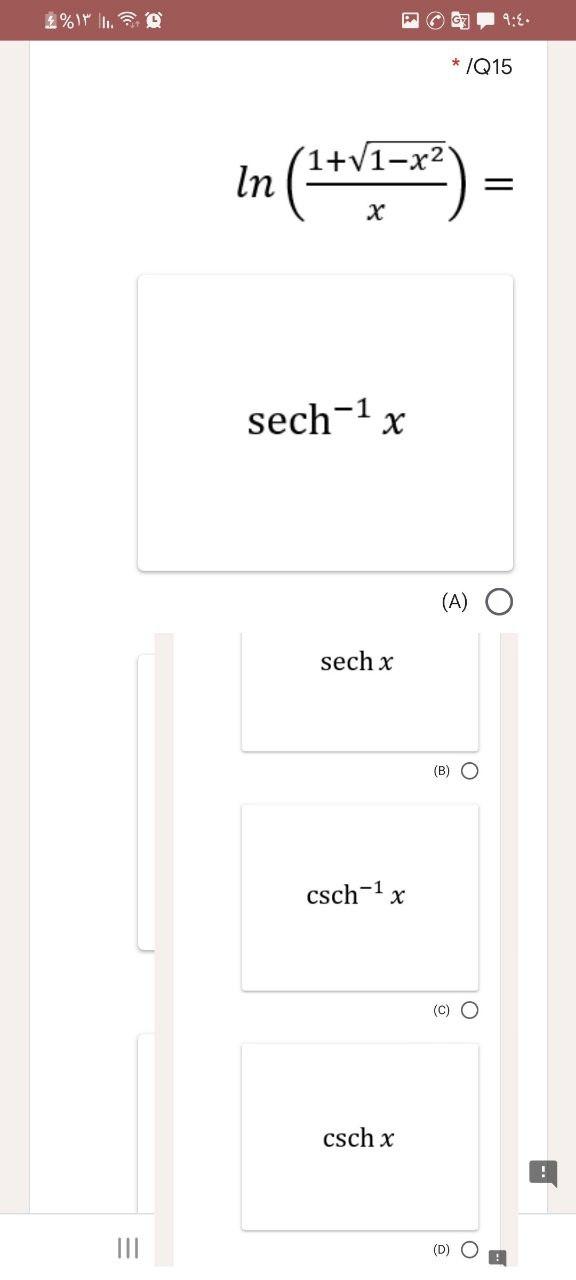 Solved و جا ۱۳% 4 9:2 /015 In (1+v1=x?) sech-1 x (A) O sech | Chegg.com