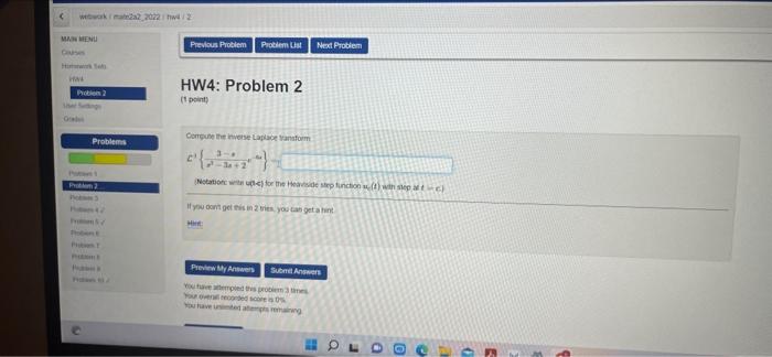 Solved ww2.2022 w2 MANENU Previous Problem Problems Next | Chegg.com
