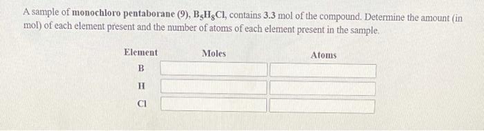 Solved A sample of monochloro pentaborane (9), B_HgCl, | Chegg.com