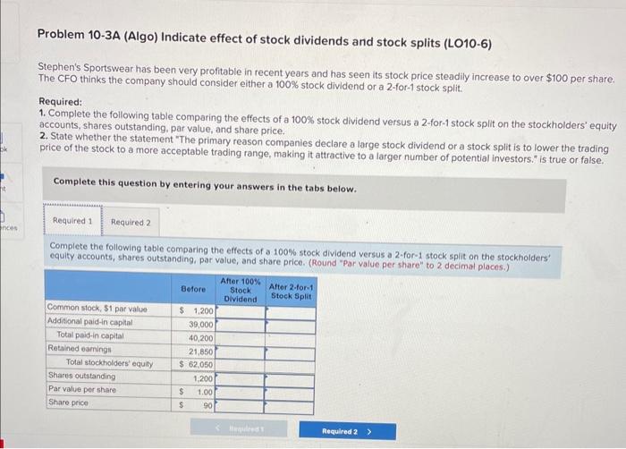 Solved Problem 10-3A (Algo) Indicate effect of stock | Chegg.com