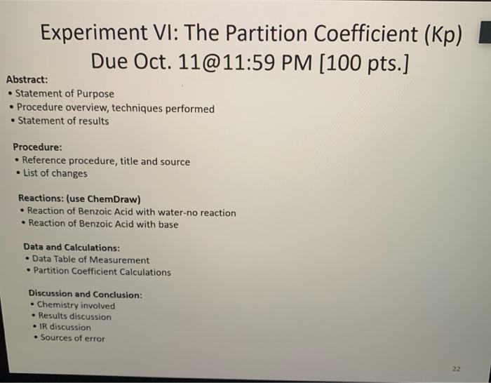 Experiment VI: The Partition Coefficient (Kp) Due | Chegg.com