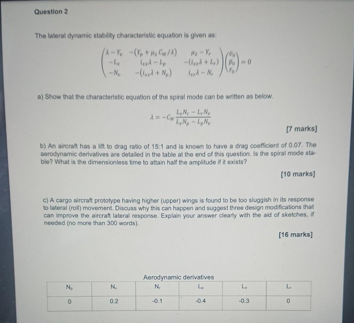Solved The lateral dynamic stability characteristic equation | Chegg.com