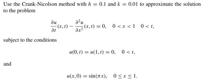 Solved Use the Crank-Nicolson method with h=0.1 and k=0.01 | Chegg.com