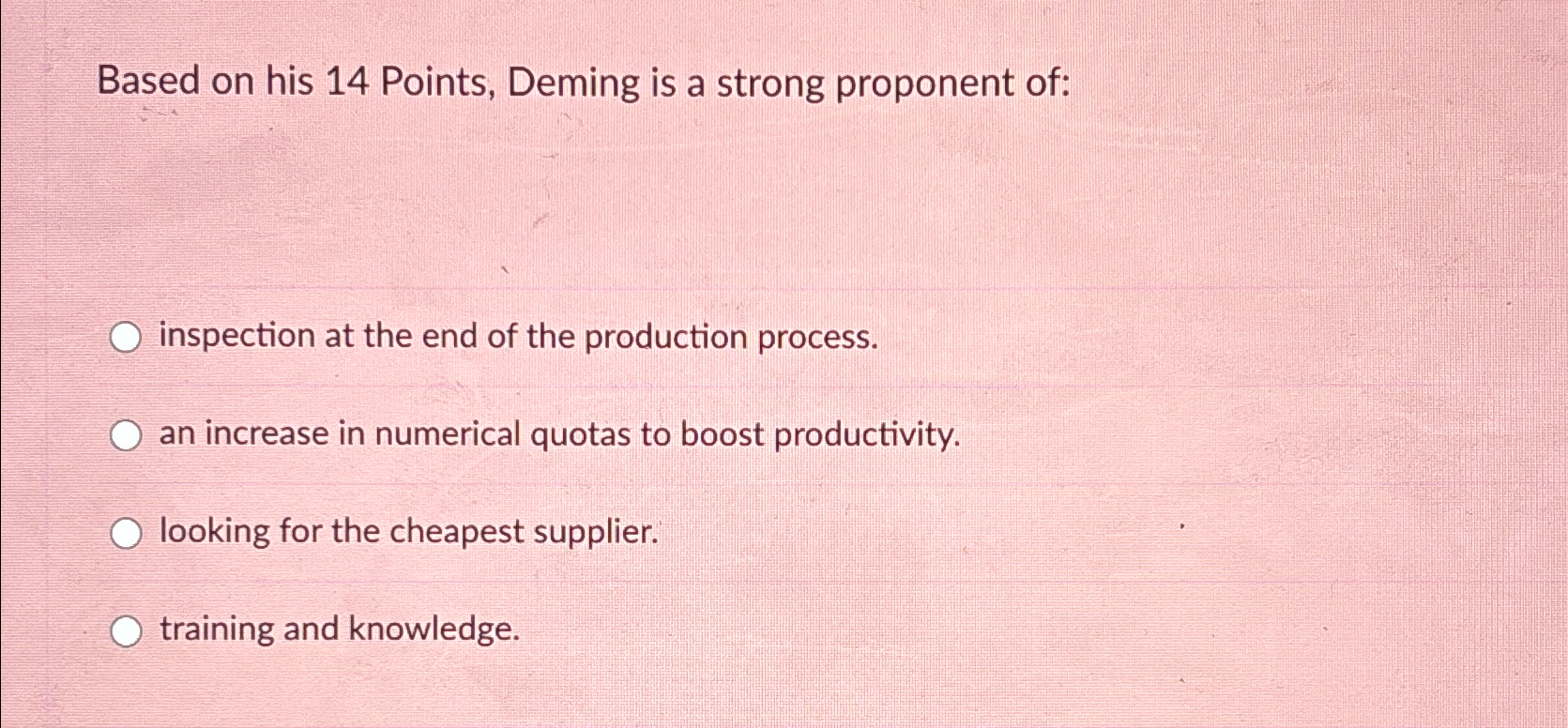 Solved Based on his 14 ﻿Points, Deming is a strong proponent | Chegg.com