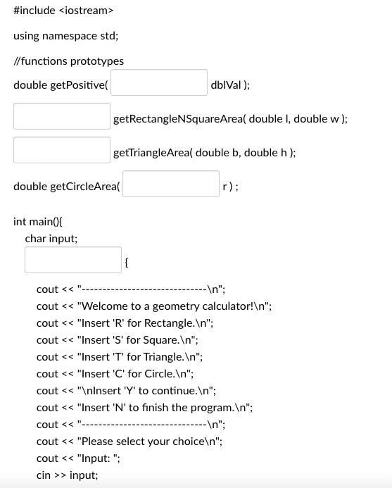 Solved 1. Create functions to find the area for rectangle, | Chegg.com