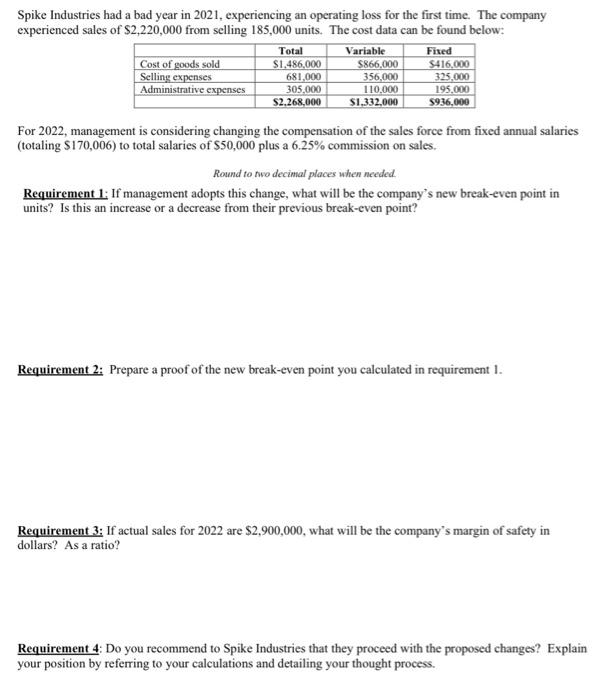 Solved Spike Industries had a bad year in 2021, experiencing | Chegg.com