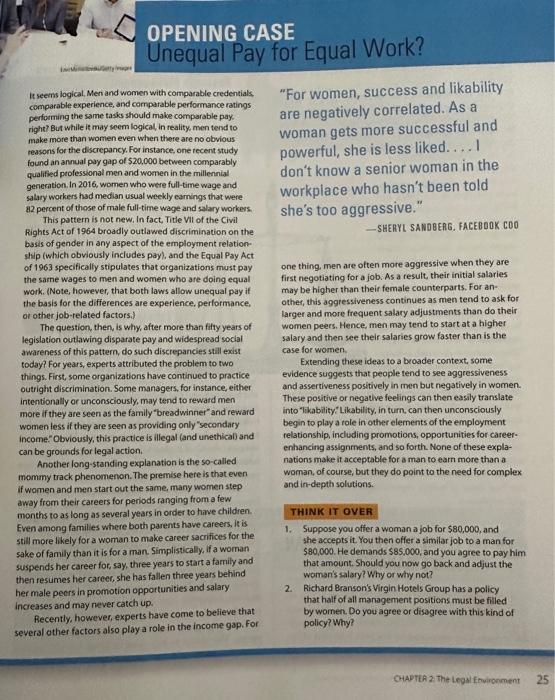 Solved OPENING CASE Unequal Pay for Equal Work? It seems | Chegg.com