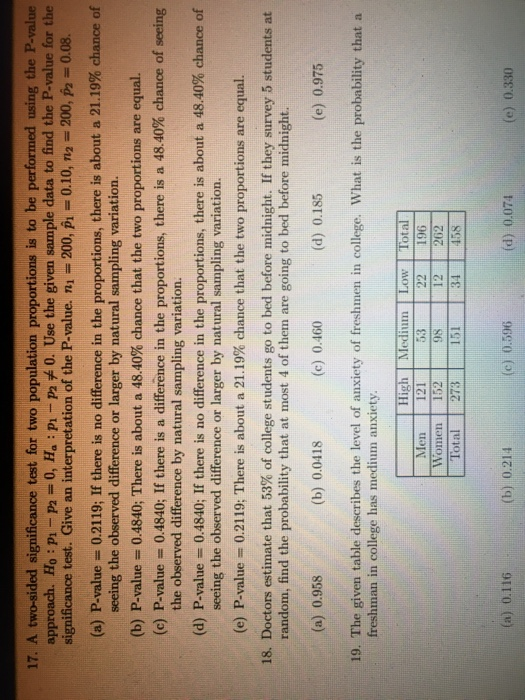 Solved 17. A two-sided significance test for two population | Chegg.com