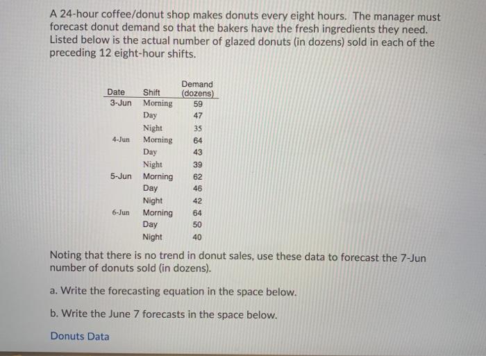 Solved A 24-hour coffee/donut shop makes donuts every eight | Chegg.com