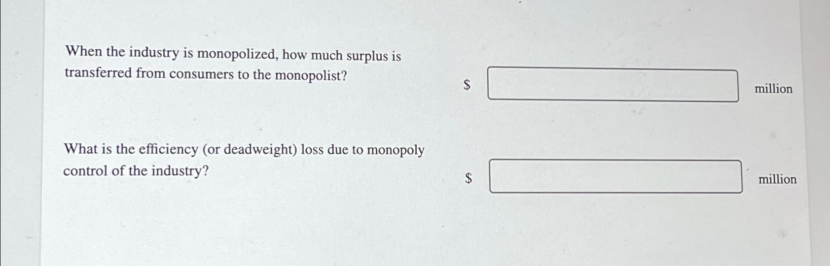Solved When the industry is monopolized, how much surplus is | Chegg.com