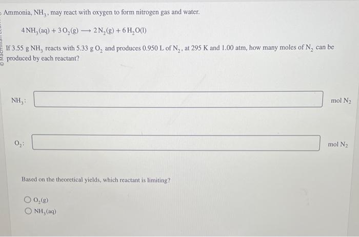 Solved Ammonia, NH3, may react with oxygen to form nitrogen | Chegg.com