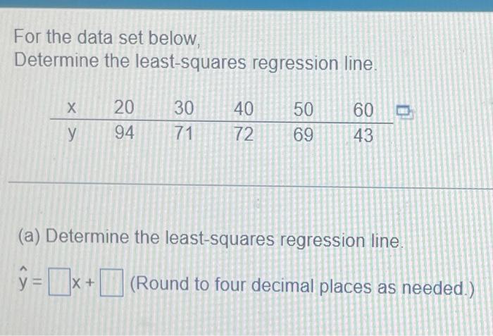 Solved For the data set below, Determine the least-squares | Chegg.com