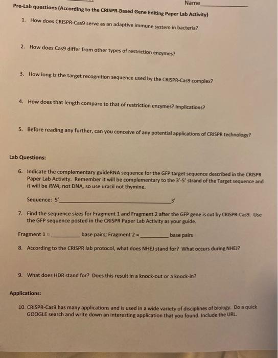 Solved Name Pre-Lab questions (According to the CRISPR-Based | Chegg.com
