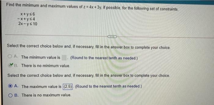 Solved Find the minimum and maximum values of z = 4x + 3y. | Chegg.com