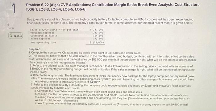 Solved Problem 6-22 (Algo) CVP Applications; Contribution | Chegg.com