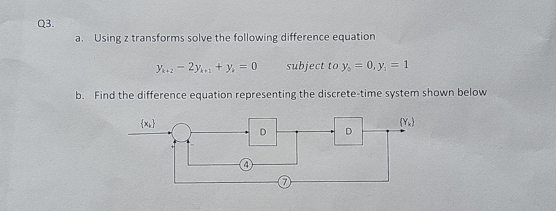 Solved a. Using z transforms solve the following difference | Chegg.com