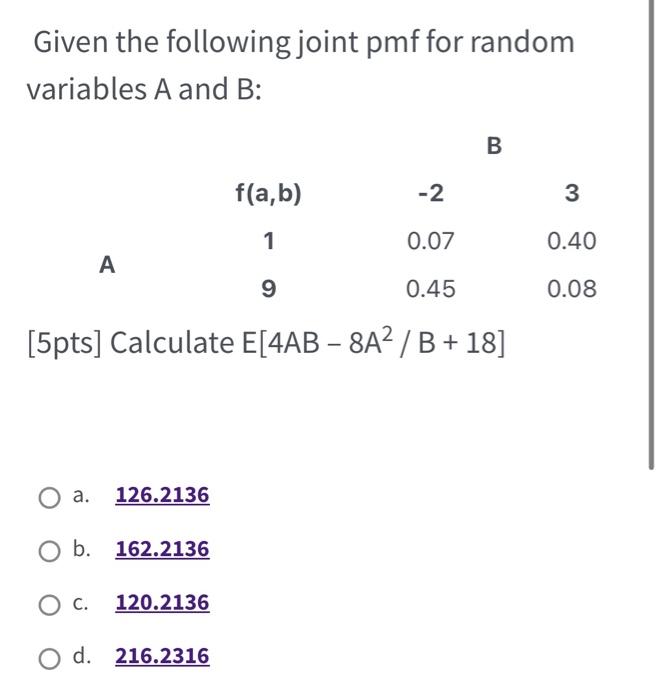 Given the following joint pmf for random variables A | Chegg.com