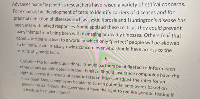 Solved Advances made by genetics researchers have raised a | Chegg.com