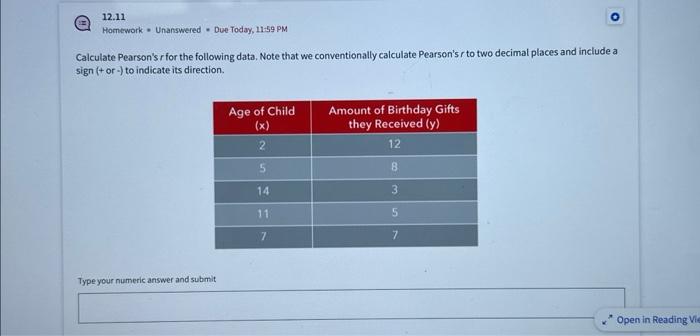 Solved Calculate Pearson's r for the following data. Note | Chegg.com