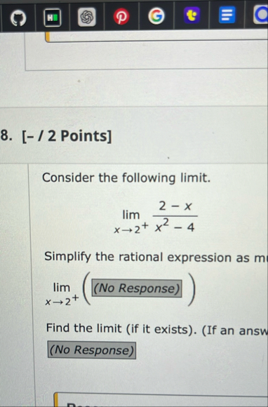 [Solved]: [- / 2 Points] Consider the following limit. lim_