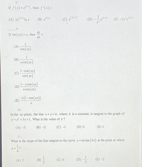 Solved If f(x)=e(2/x), then f′(x)= (A) 2e(2/x)lnx (B) e(2/x) | Chegg.com