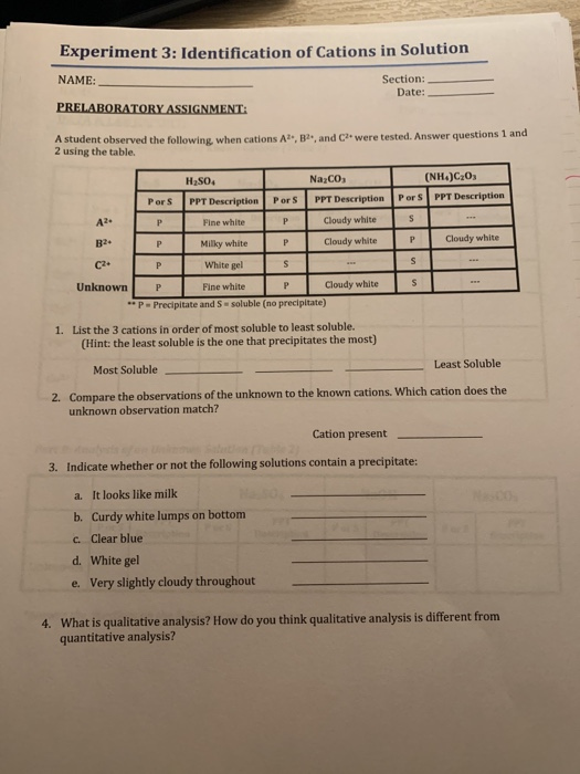 Solved Experiment 3: Identification of Cations in Solution | Chegg.com