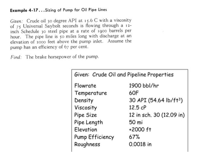 Solved Example 4-17...Sizing of Pump for Oil Pipe Lines | Chegg.com